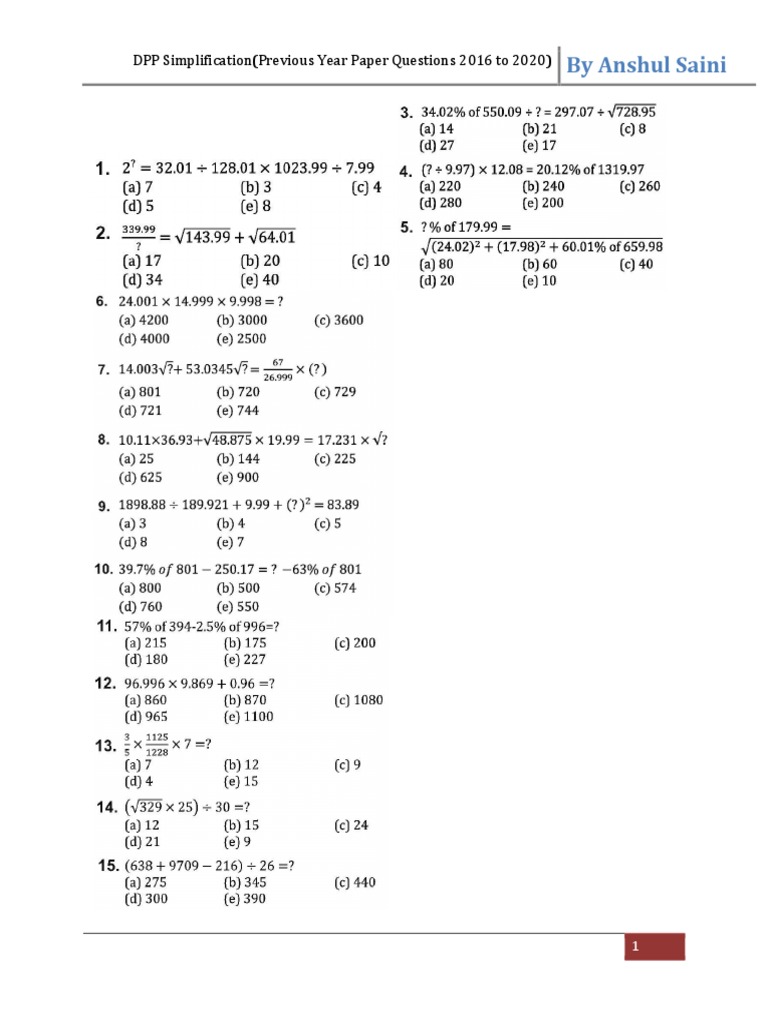 Simplification DPP Previous Year Paper Questions | PDF