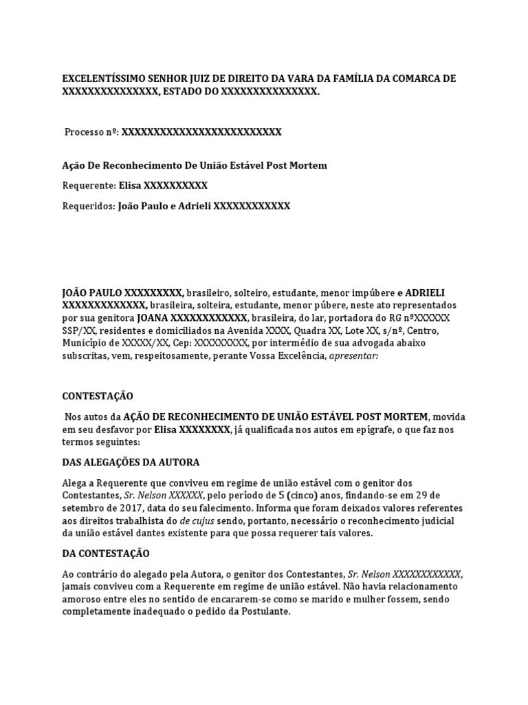 Modelo Contestacao em Acao de Reconhecimento de Uniao Estavel Post ...