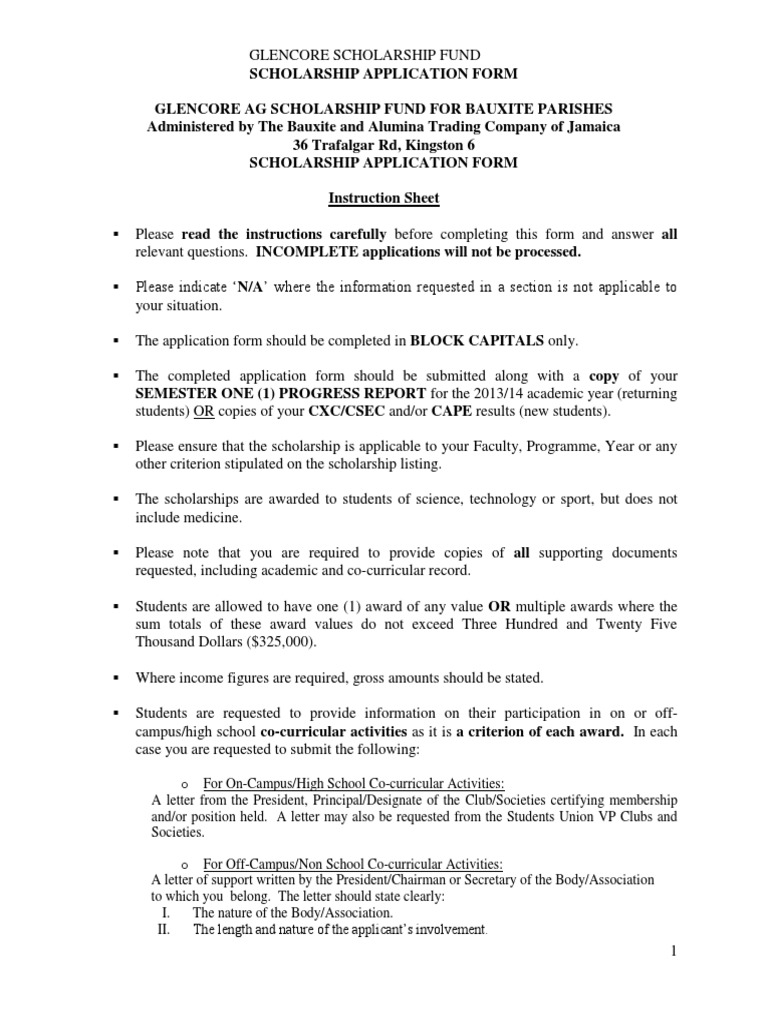 Glencore - Scholarship - Application - Form - 2014-2015 | PDF