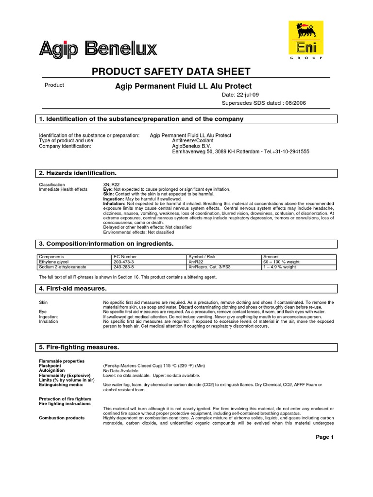 A0020561 - MSDS - Agip Permanent Fluid LL Alu Protect | PDF | Dangerous ...