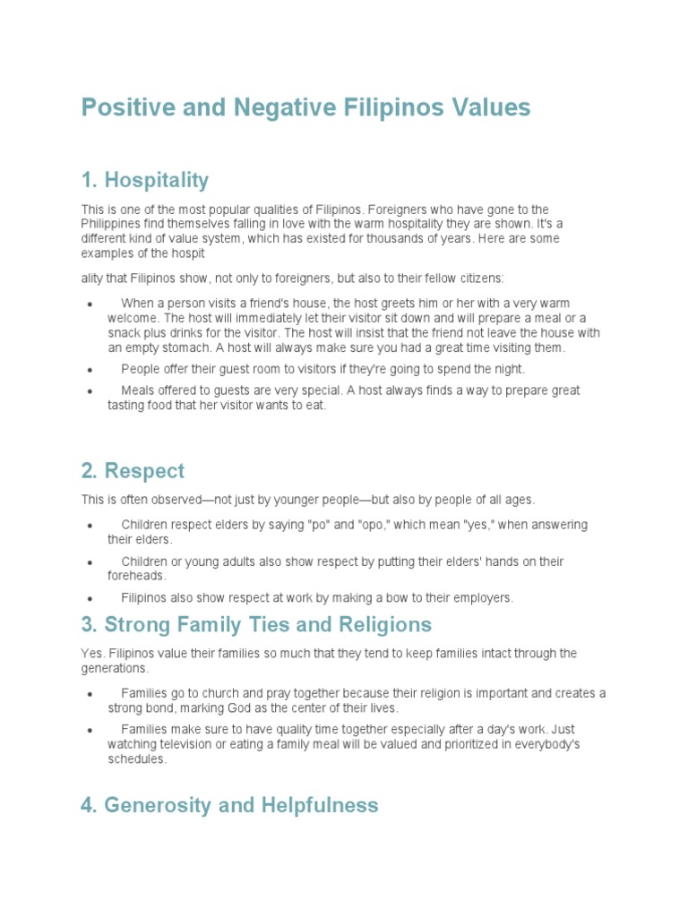 Positive and Negative Filipinos Values | PDF | Philippines | Human Nature