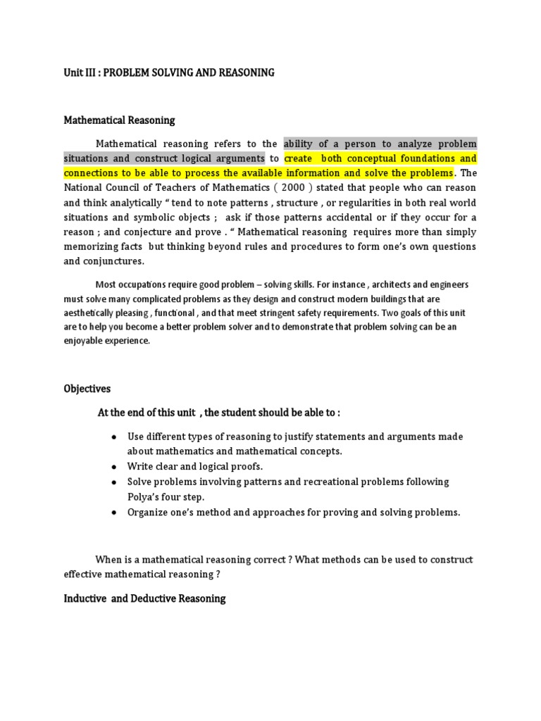 Unit III - PROBLEM SOLVING AND REASONING | PDF | Reason | Inductive Reasoning