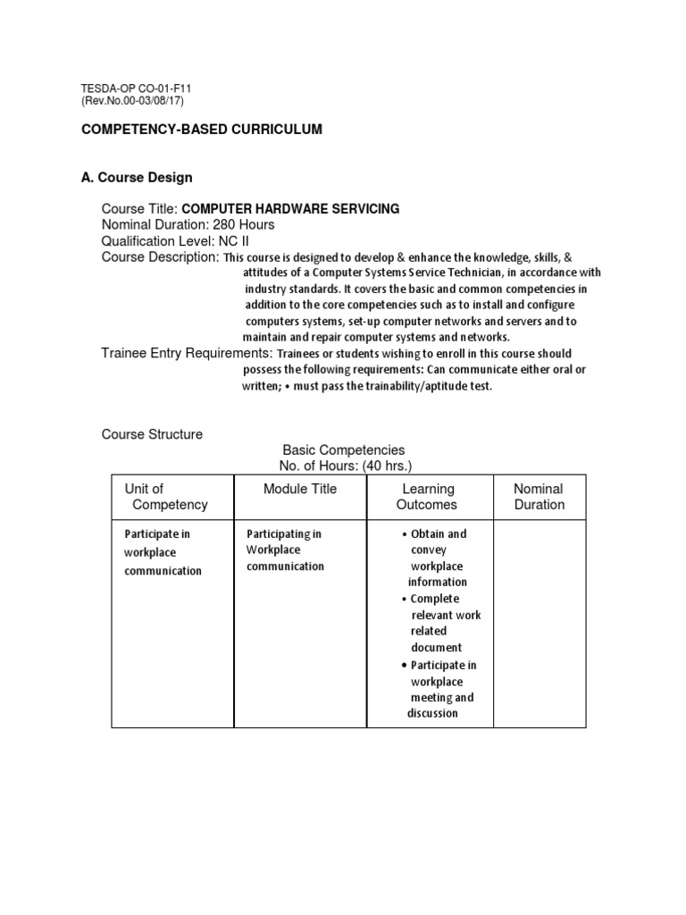 Competency-Based Curriculum: Course Title: Nominal Duration: 280 Hours ...