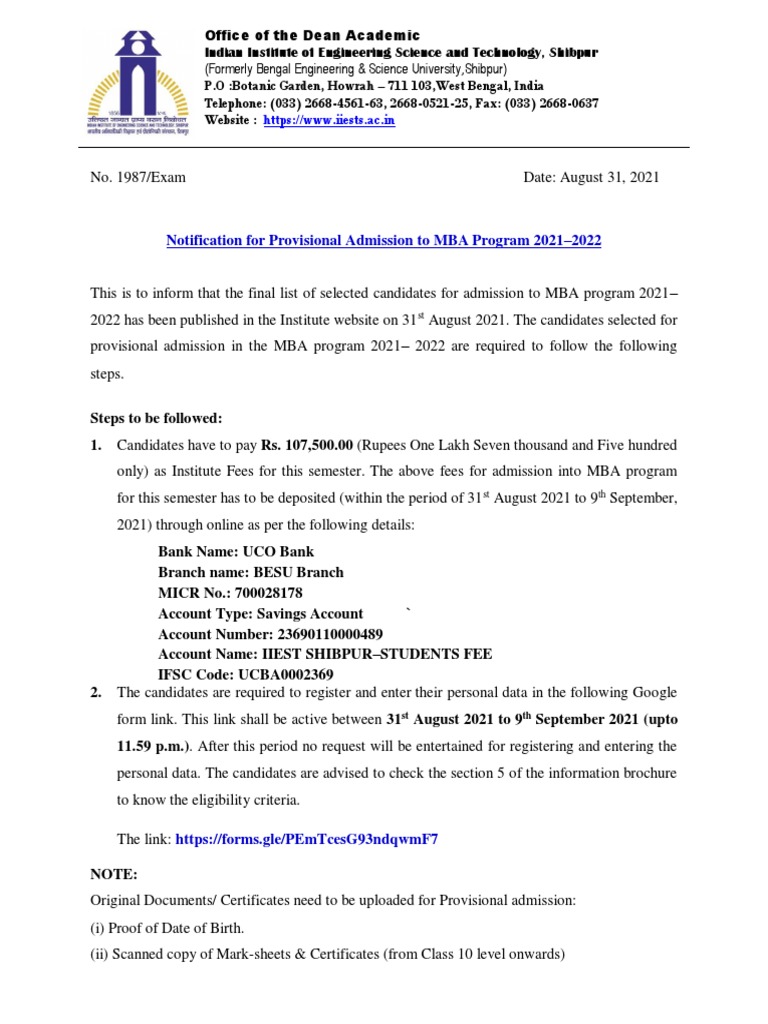 MBA Admission Notification 2021-2022 | PDF