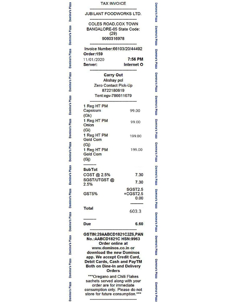 Domino's Pizza Bill | PDF