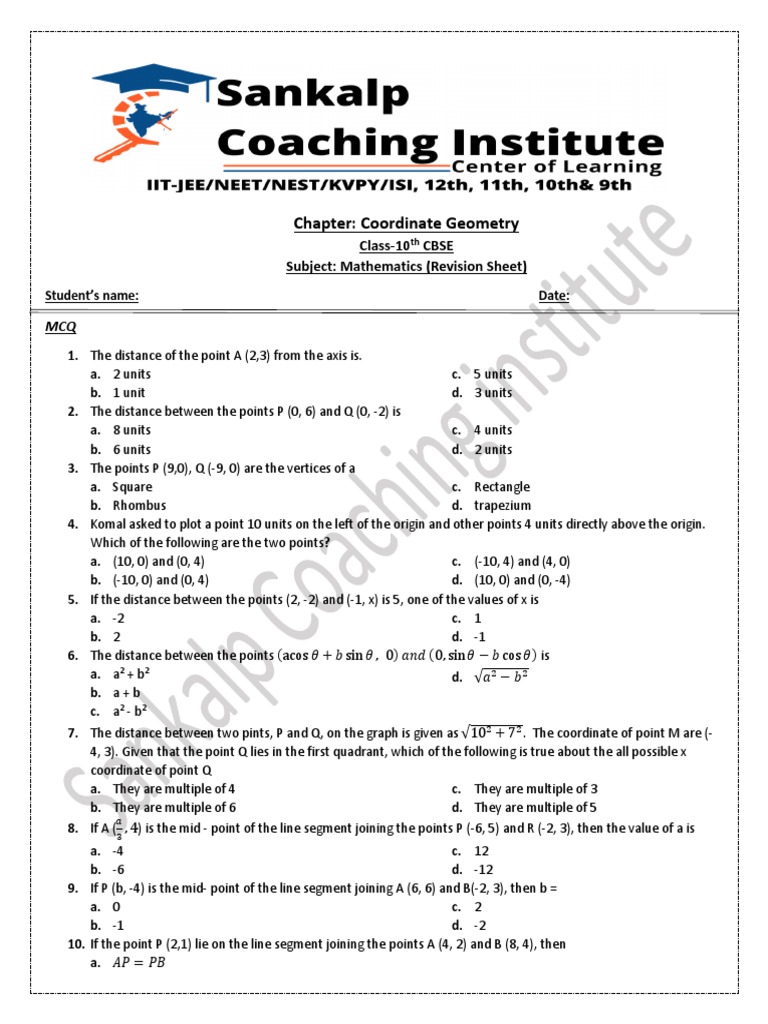 Chapter: Coordinate Geometry: Class-10 Cbse Subject: Mathematics ...