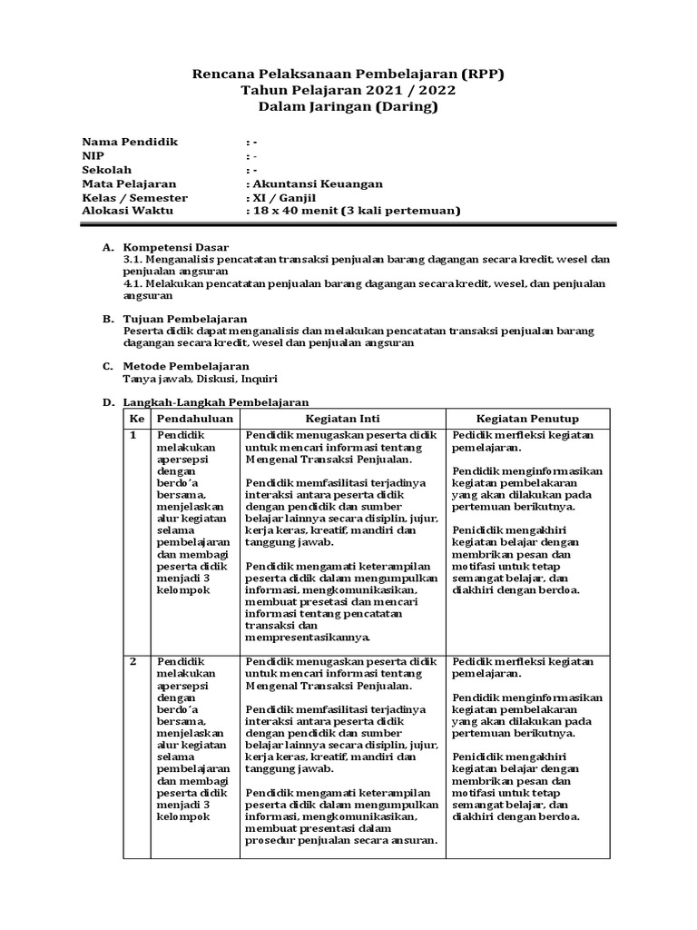 RPP Daring Akuntansi Kelas XI | PDF | Karier & Perkembangan