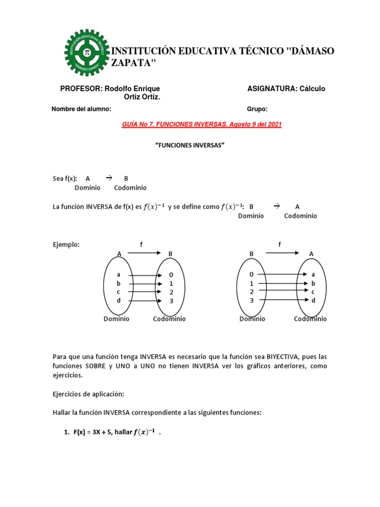 Guía #7 Funciones Inversas | PDF | Función (Matemáticas) | Dominio de ...