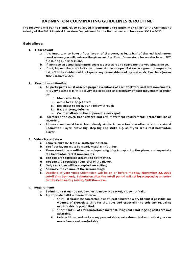 Badminton Culminating Guidelines & Routine | PDF