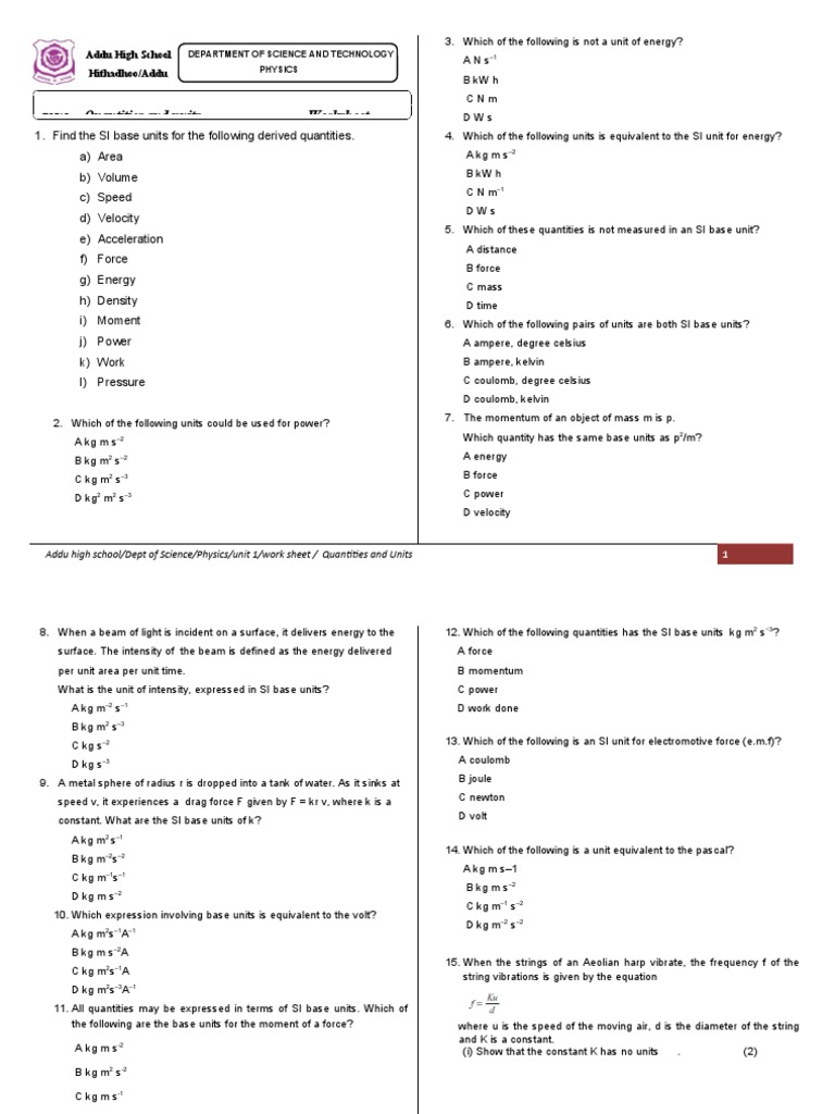 Quantities and Units Worksheet - SI Base Units, Derived Units, and ...