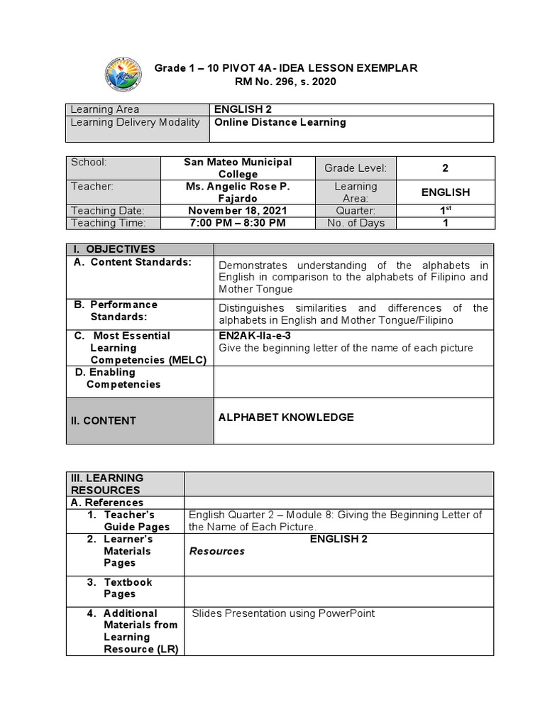 Lesson Exemplar ENGLISH | PDF | Learning | Pedagogy