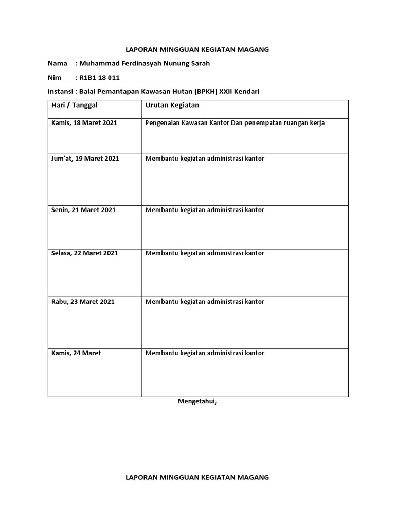 Laporan Mingguan Kegiatan Magang | PDF
