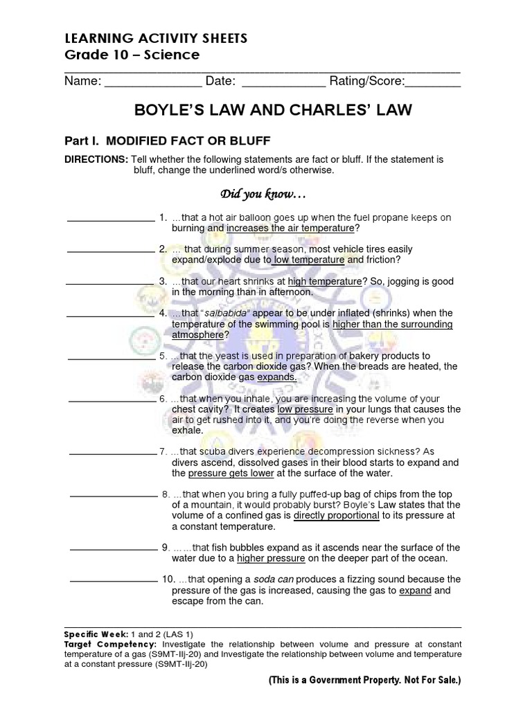 Boyle'S Law and Charles' Law: Learning Activity Sheets Grade 10 ...