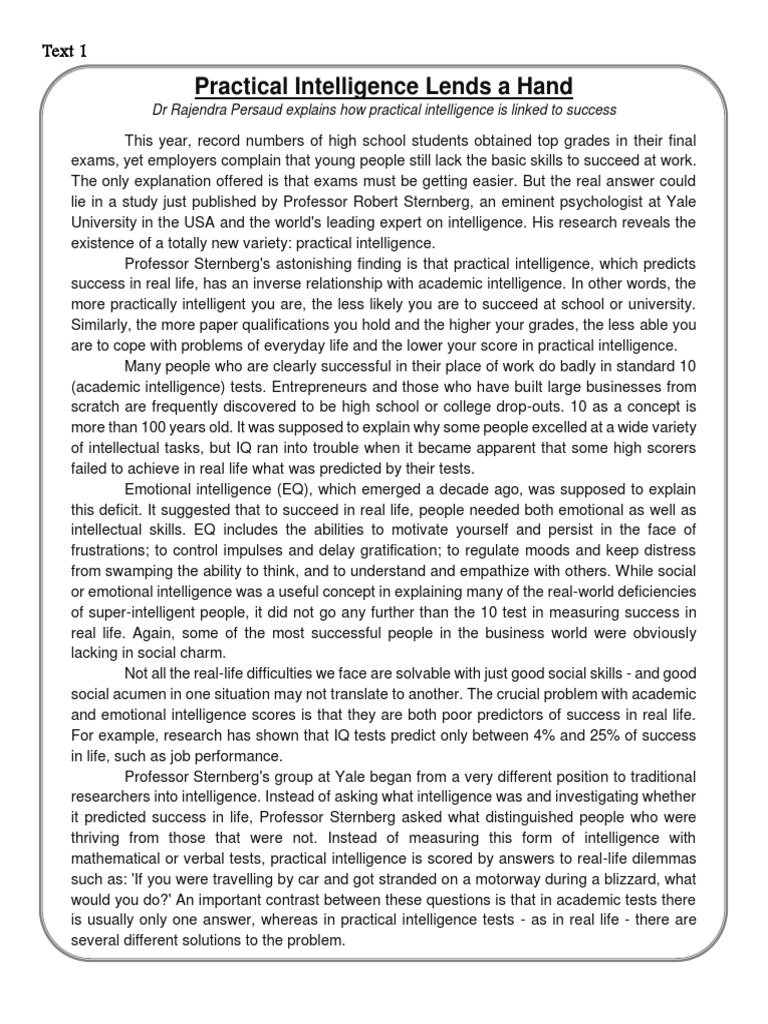 Practical Intelligence Lends A Hand: Text 1 | PDF | Alternative ...