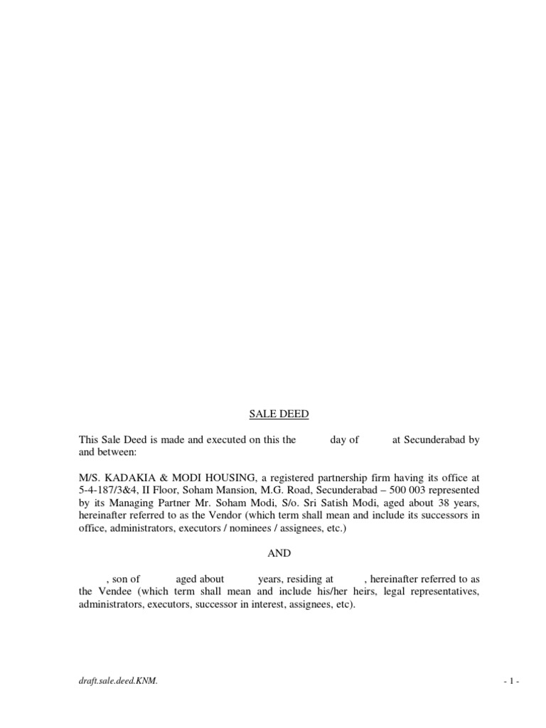 Draft Sale Deed KNM | Covenant (Law) | Deed