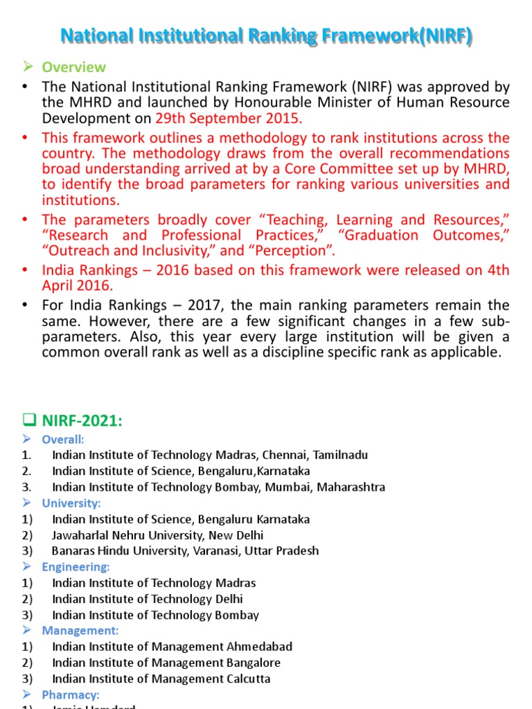 National Institutional Ranking Framework (NIRF) : Overview | PDF ...