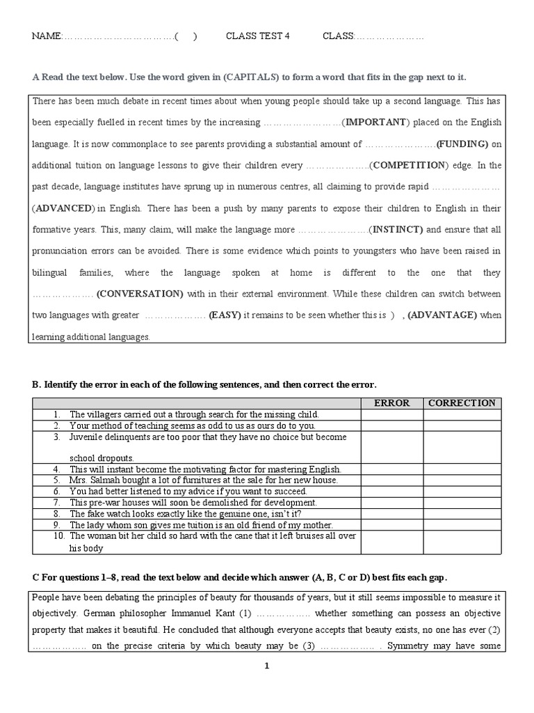 Grammar Test | PDF | English Language | Handedness