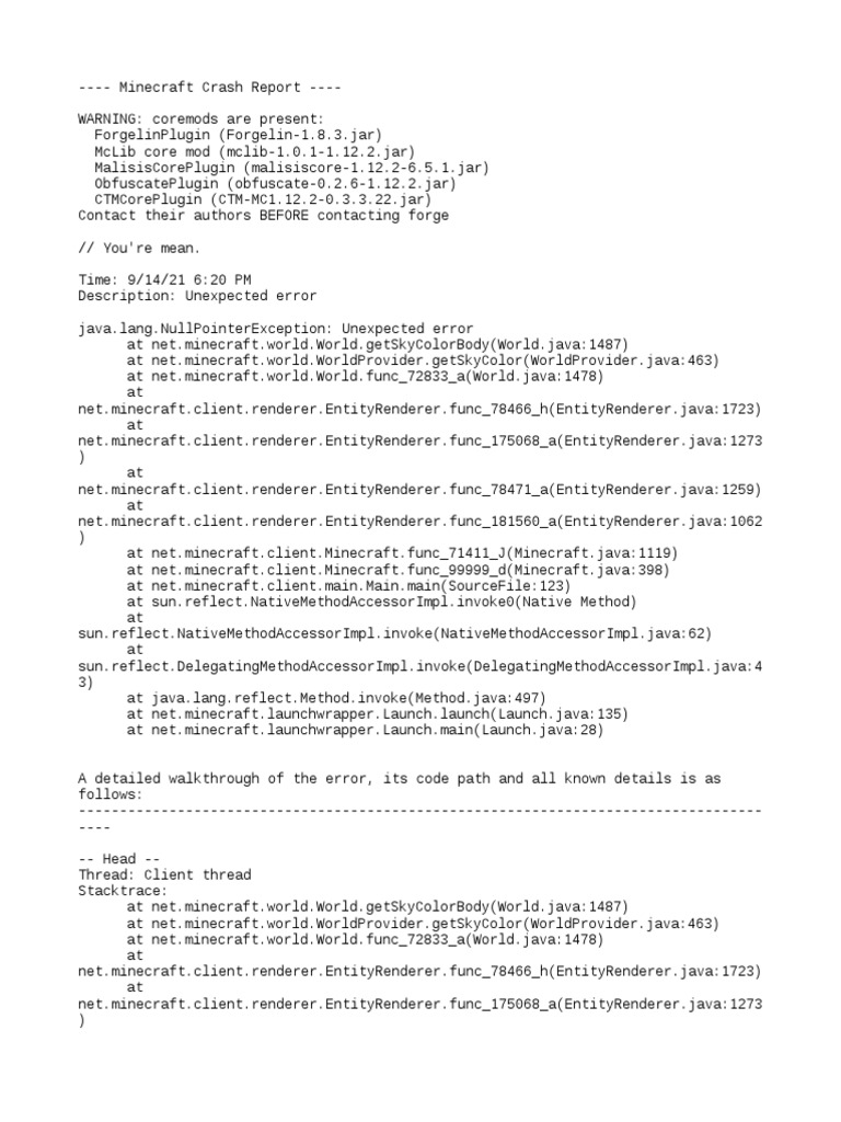 Minecraft Crash Report Analysis | PDF | Java (Programming Language) | Java Virtual Machine