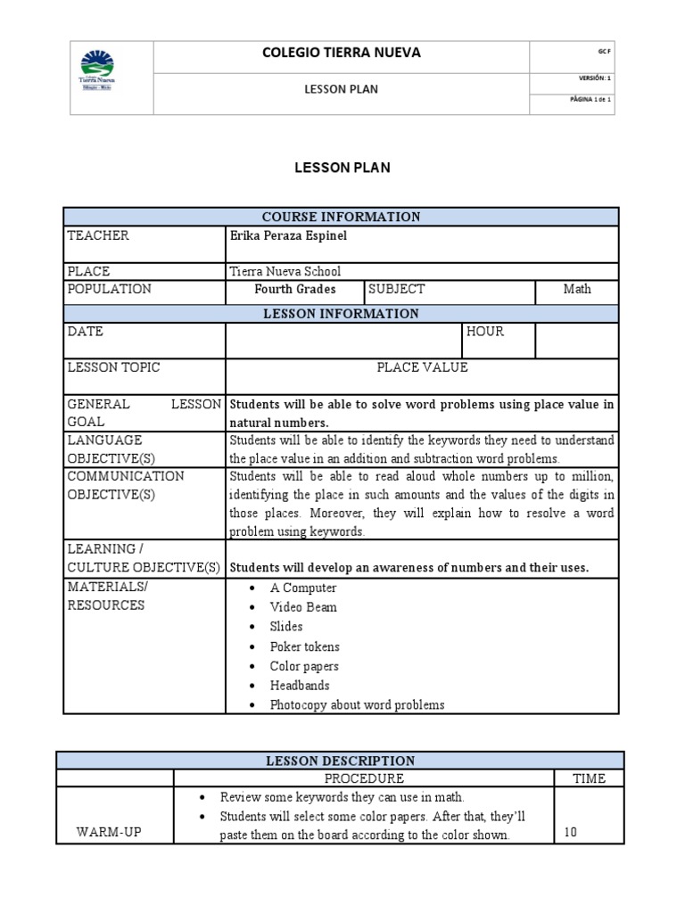 Fourth Grade Math Lesson Plan: Place Value | PDF | Lesson Plan ...