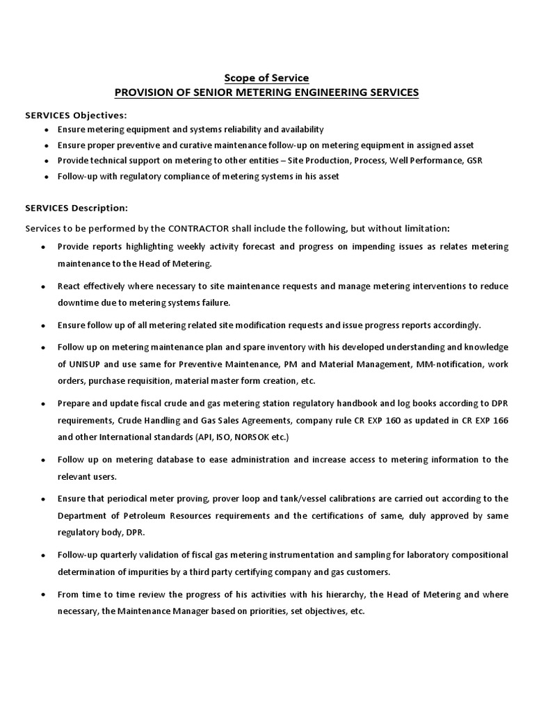 Scope of Service - Senior Metering Engineer | PDF