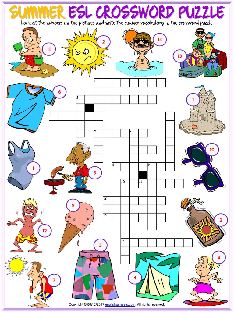 Summer Vocabulary Esl Crossword Puzzle Worksheet For Kids | PDF