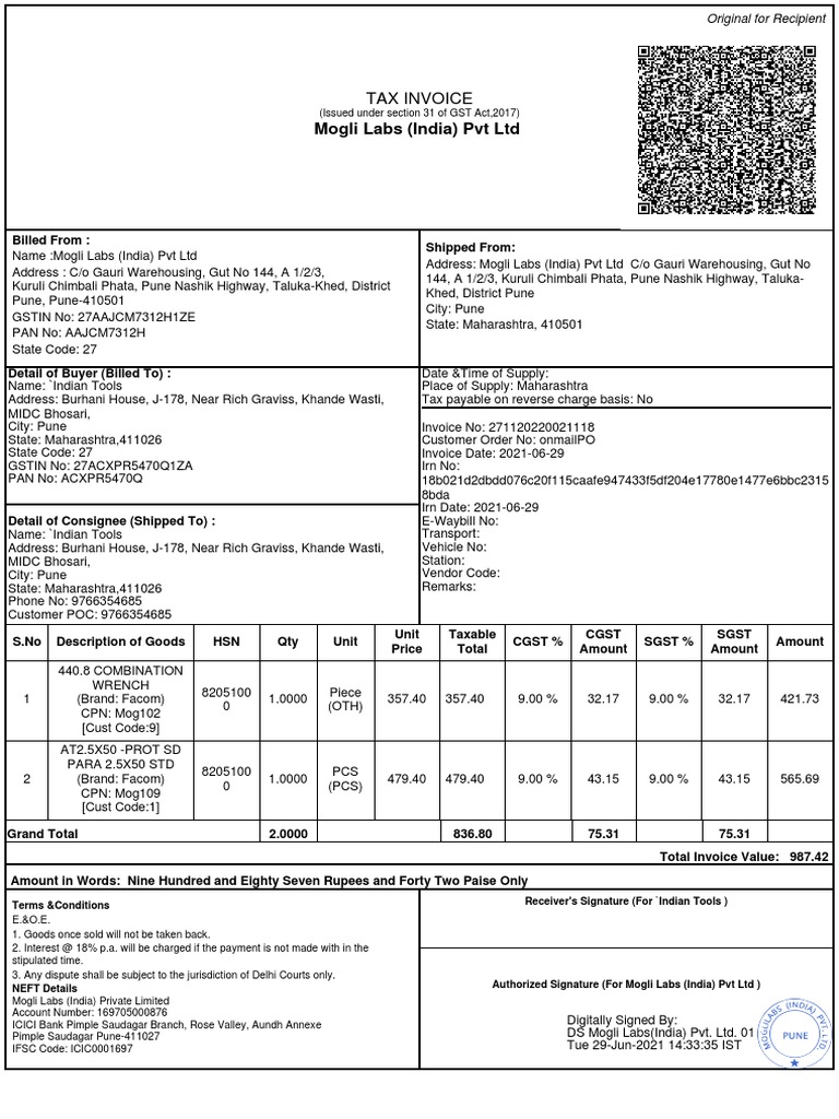 Mogli Labs Invoice for Indian Tools | PDF | Trade | Government