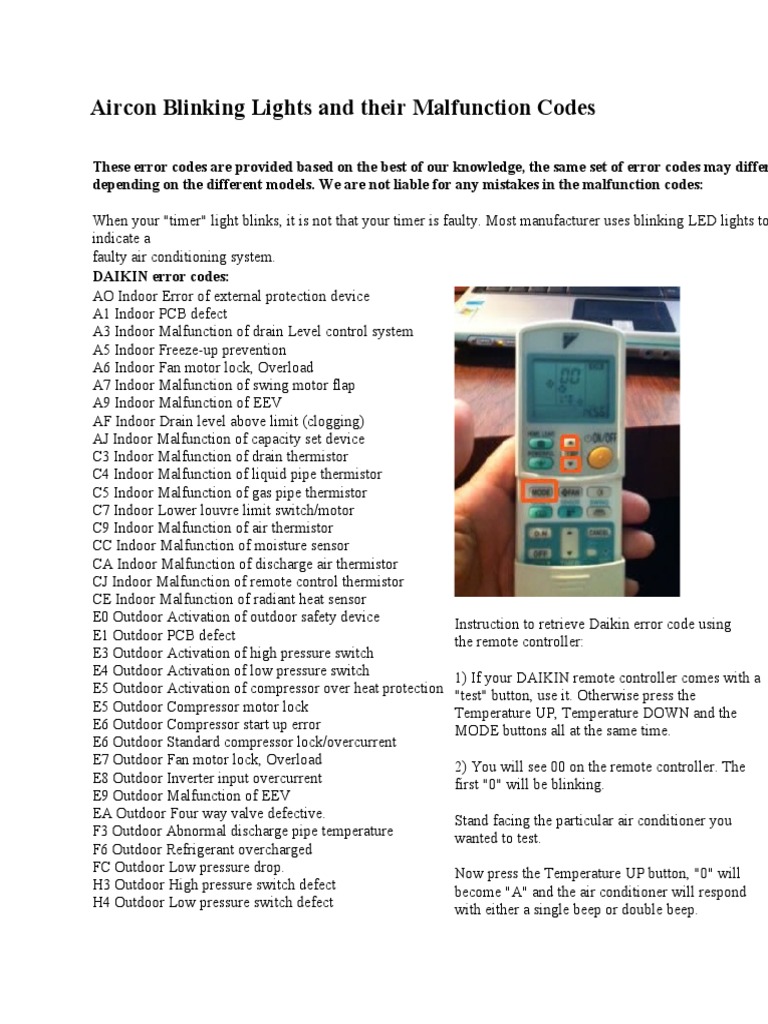 Daikin AC Blinking Error Codes Guide | PDF | Air Conditioning | Power ...