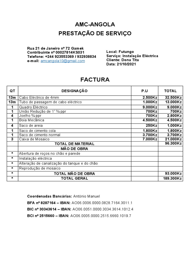 Amc-Angola Prestação de Serviço: Factura | PDF | Tecnologia e Engenharia