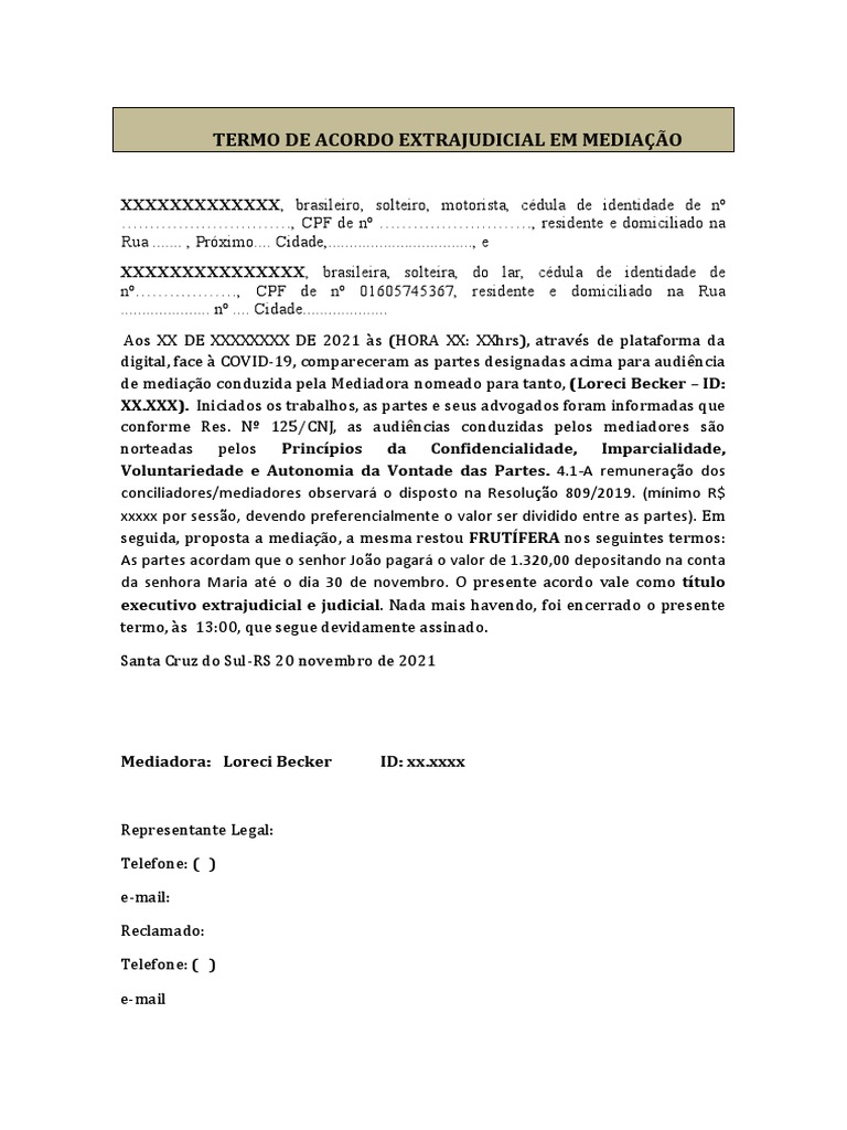 Termo de Acordo Extrajudicial em Mediacao | PDF