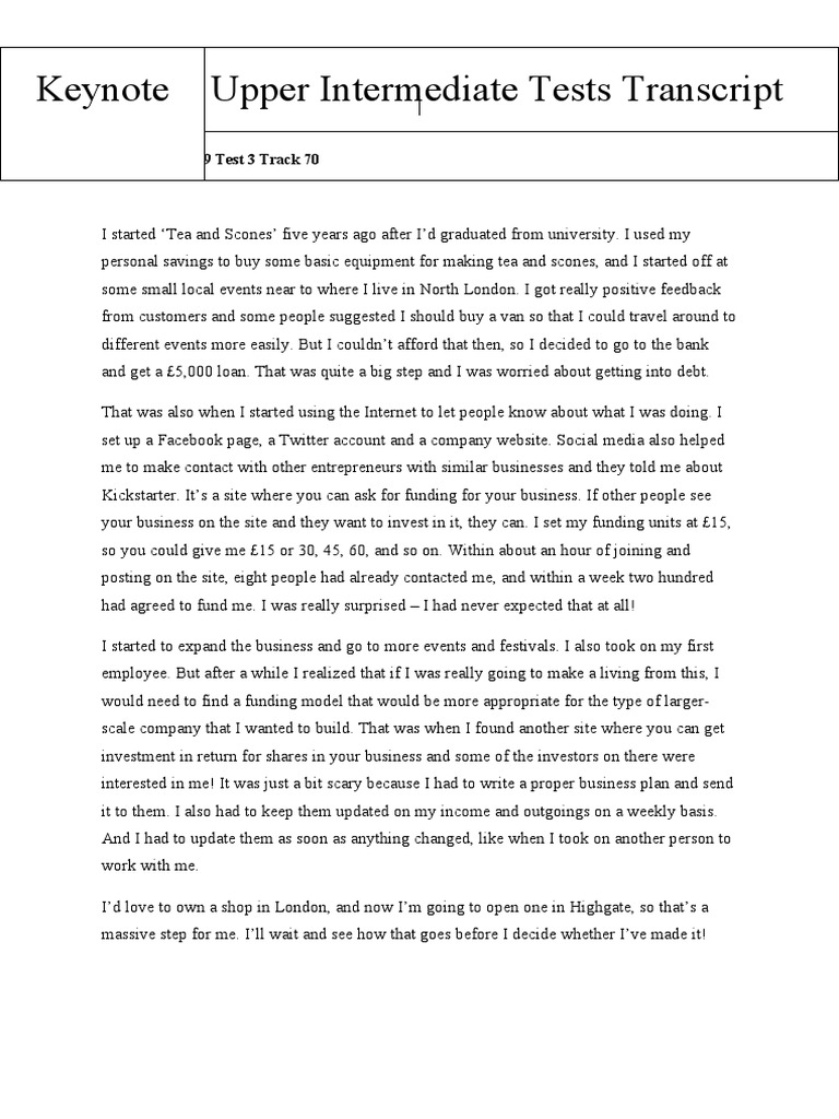 Upper Intermediate Tests Transcript Keynote: Page 209 Test 3 Track 70 ...