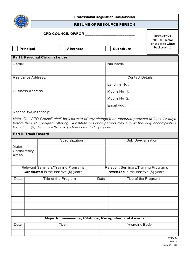PRC Resume Template for Resource Persons | PDF | Government And ...