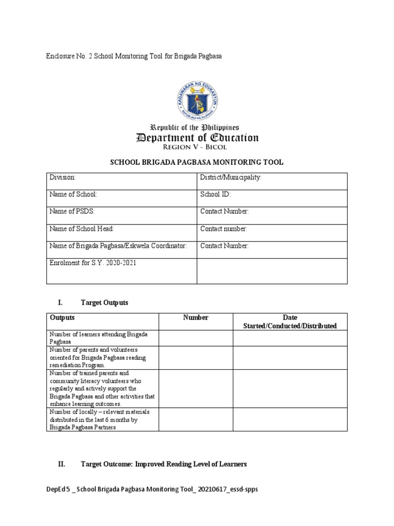 School Brigada Pagbasa Monitoring Tool | PDF | Volunteering | Learning