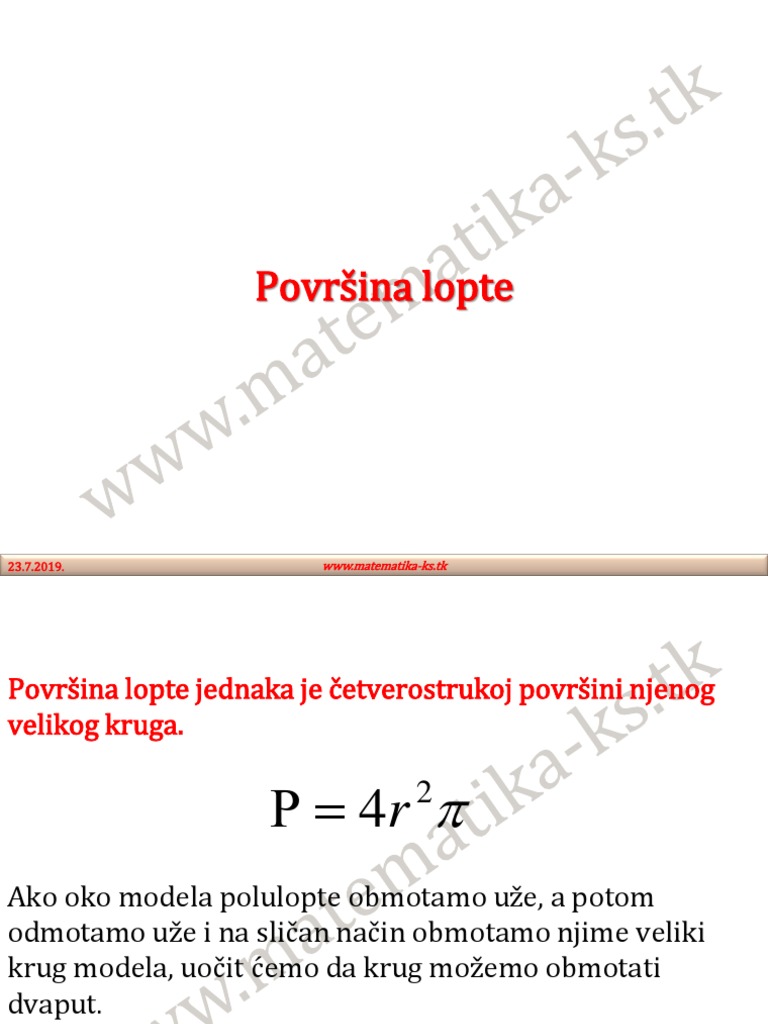 Površina I Zapremina Lopte | PDF