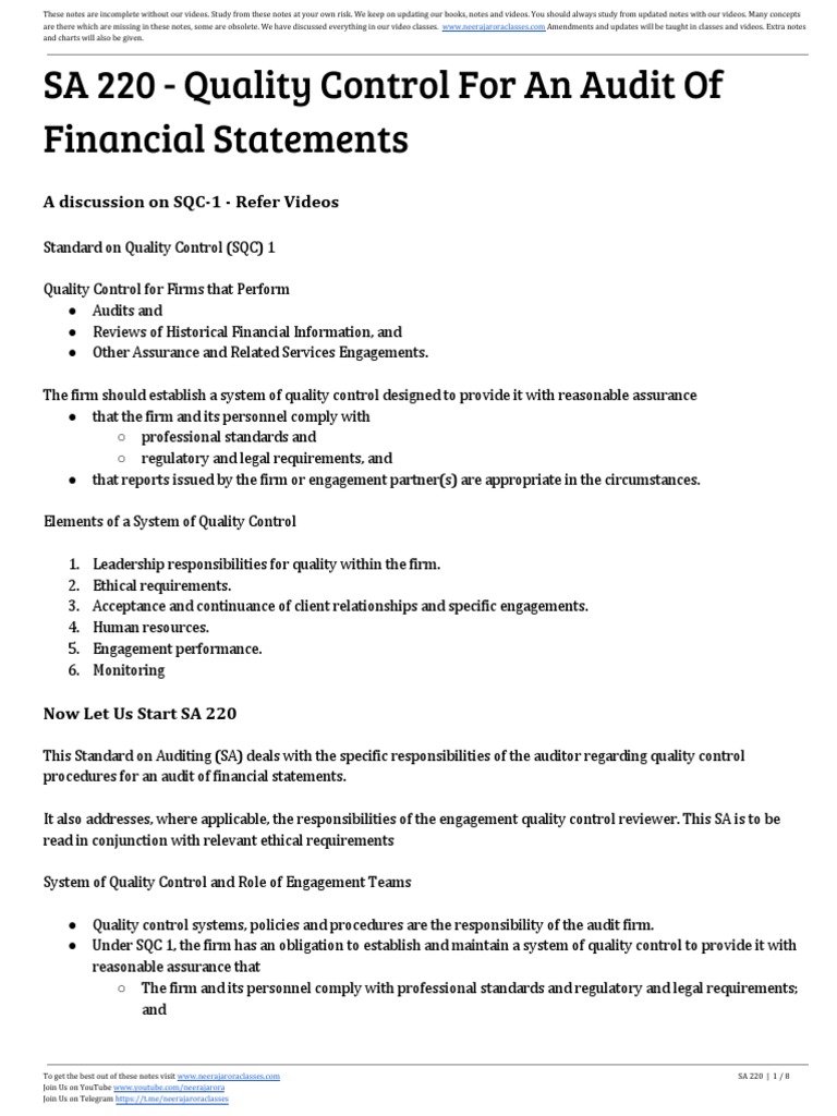 SA 220 - Quality Control For An Audit of Financial Statements | PDF ...