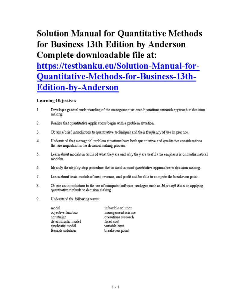 Solution Manual For Quantitative Methods For Business 13th Edition by Anderson Complete ...