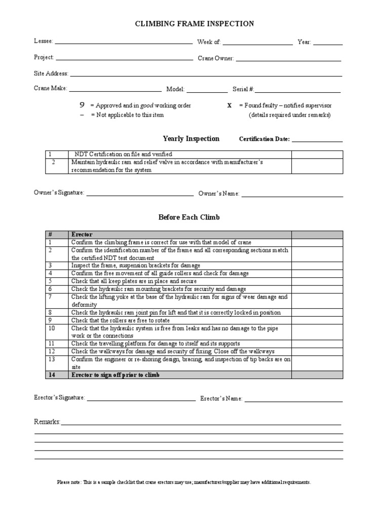 Climbing Frame Inspection: Certification Date | PDF | Crane (Machine ...