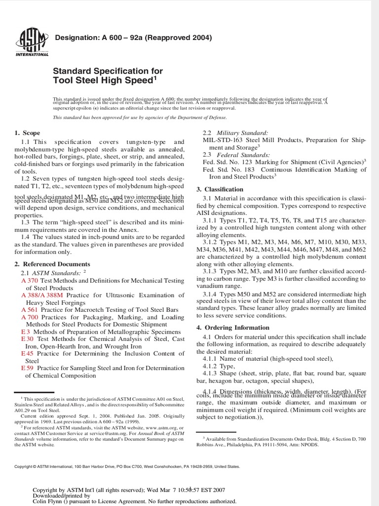 ASTM A600-92a High Speed Steel | PDF | Steel | Hardness