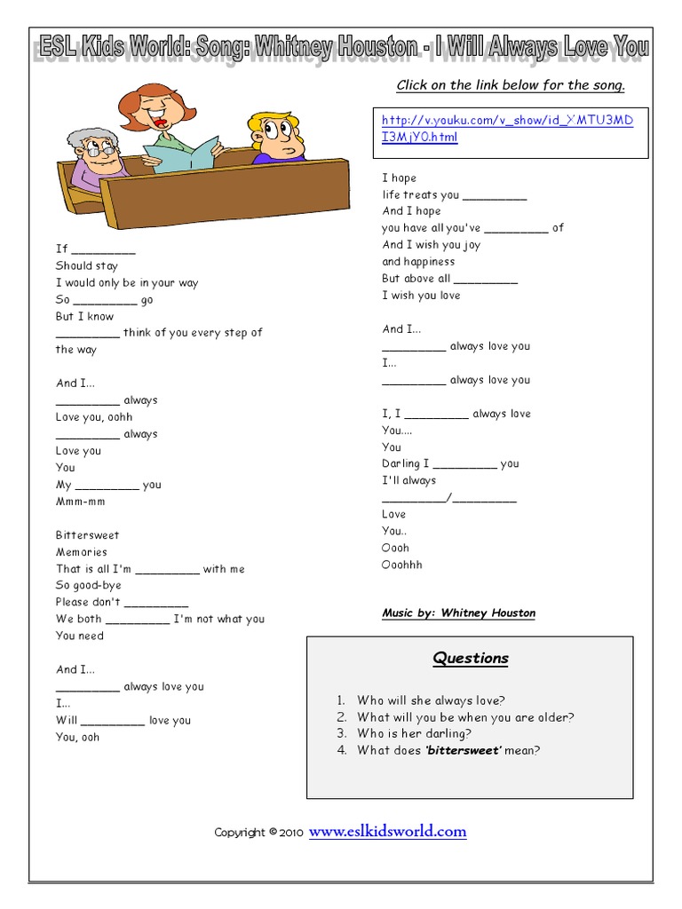 Whitney Houston I Will Always Love You Song Worksheet | PDF