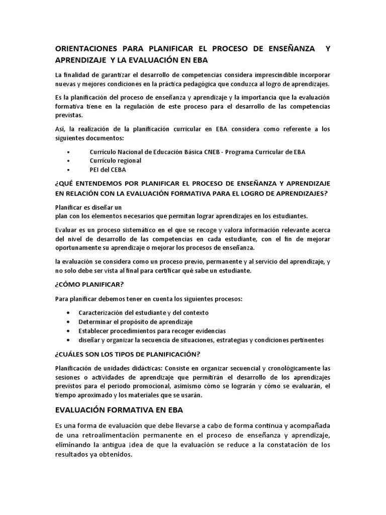 Orientaciones para Planificar El Proceso de Enseñanza y Aprendizaje y La Evaluación en Eba | PDF ...