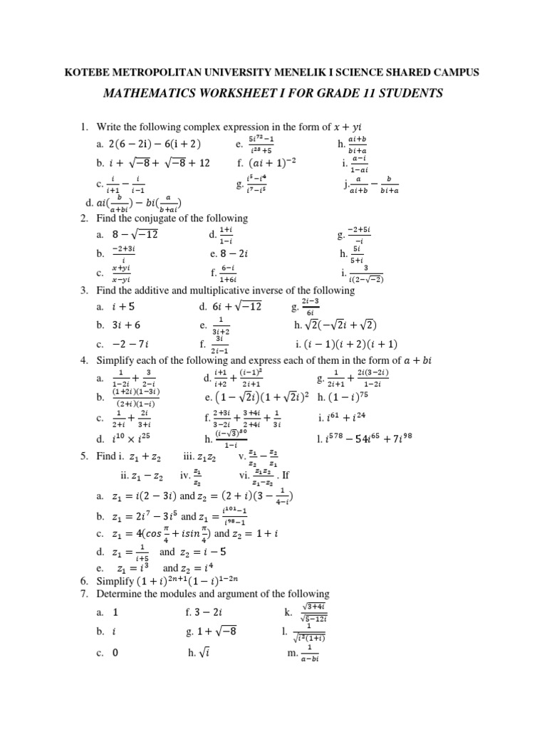 Mathematics Worksheet I For Grade 11 Students: Kotebe Metropolitan ...
