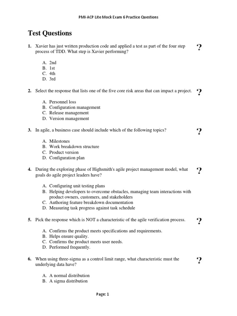 Test Questions: PMI-ACP Lite Mock Exam 6 Practice Questions | PDF ...