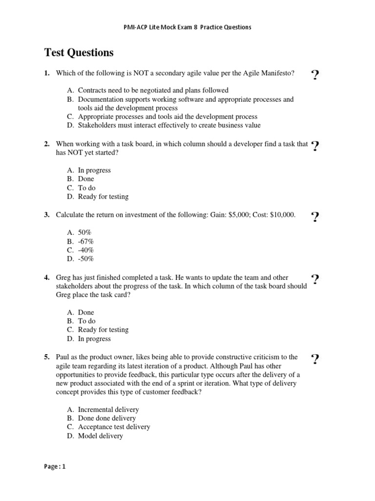 Test Questions: PMI-ACP Lite Mock Exam 8 Practice Questions | PDF ...