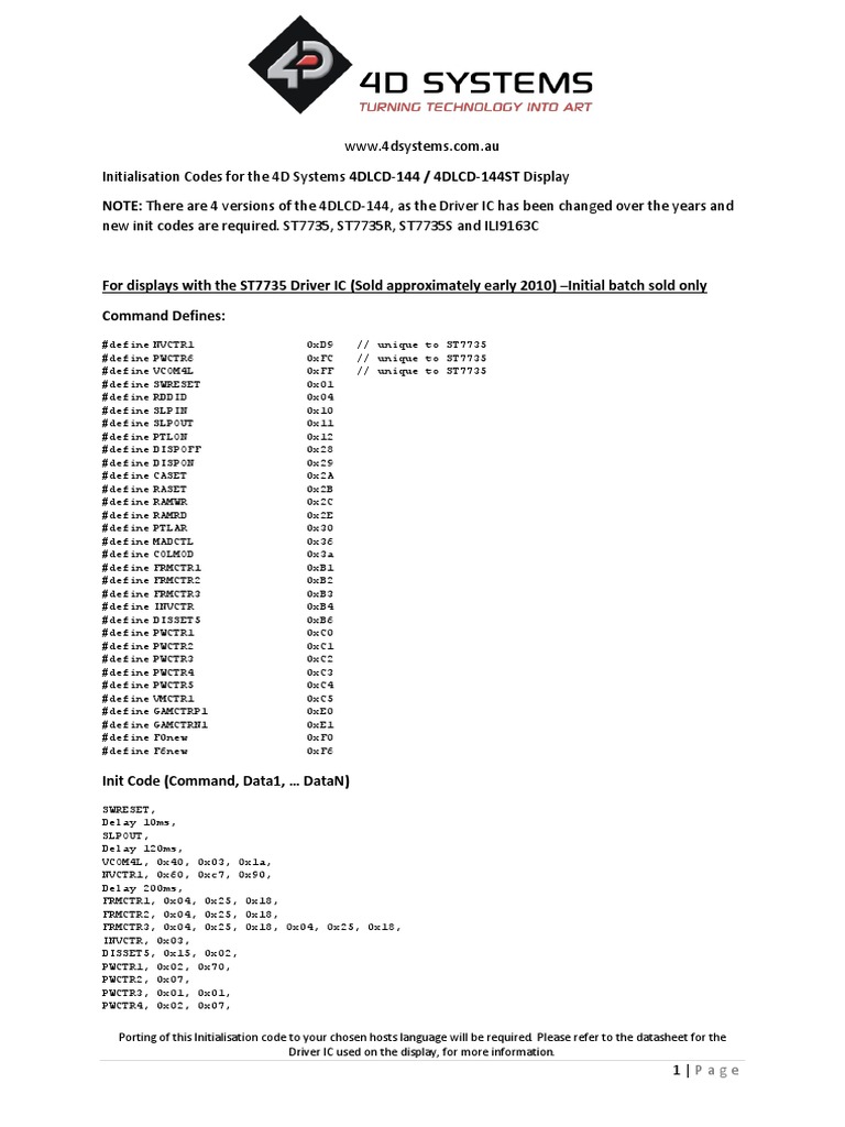 Initialisation Codes For The 4D Systems 4DLCD-144 / 4DLCD-144ST Display ...