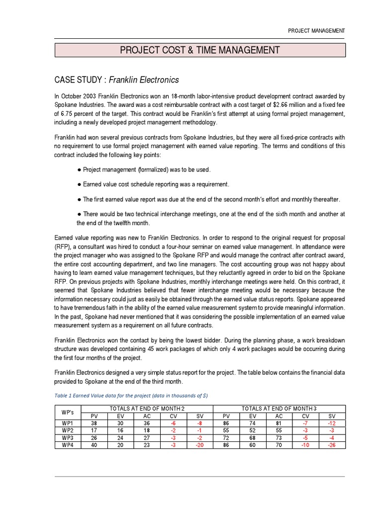 Project Cost & Time Management: CASE STUDY: Franklin Electronics | Download Free PDF | Project ...