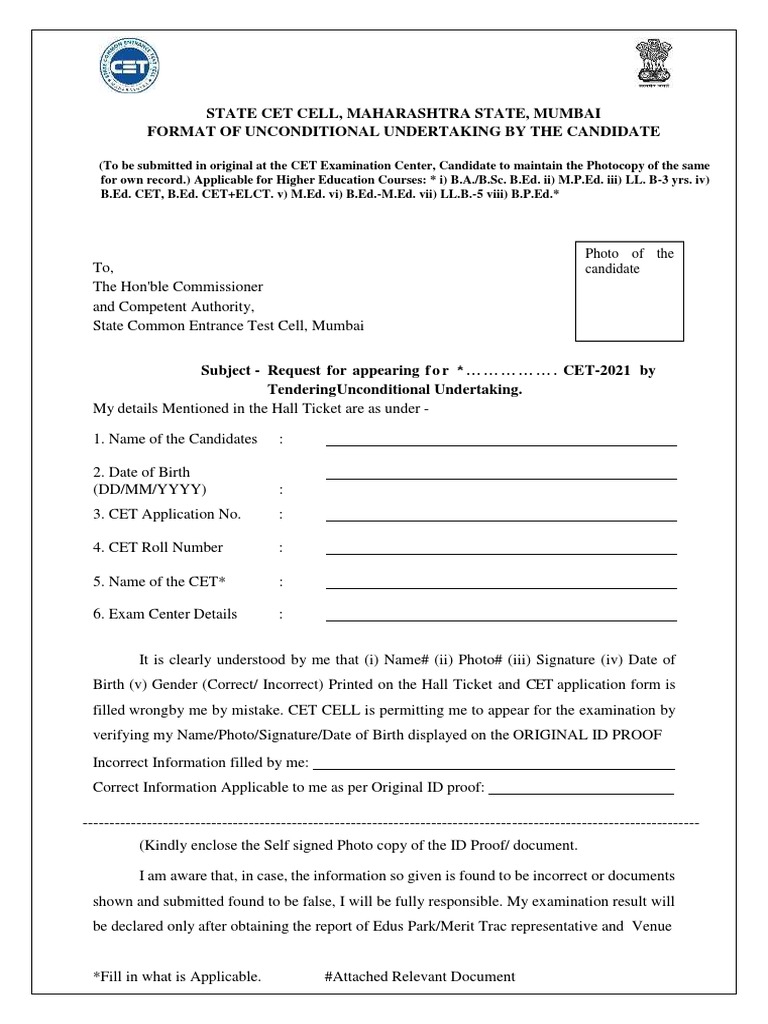 State Cet Cell, Maharashtra State, Mumbai Format of Unconditional ...