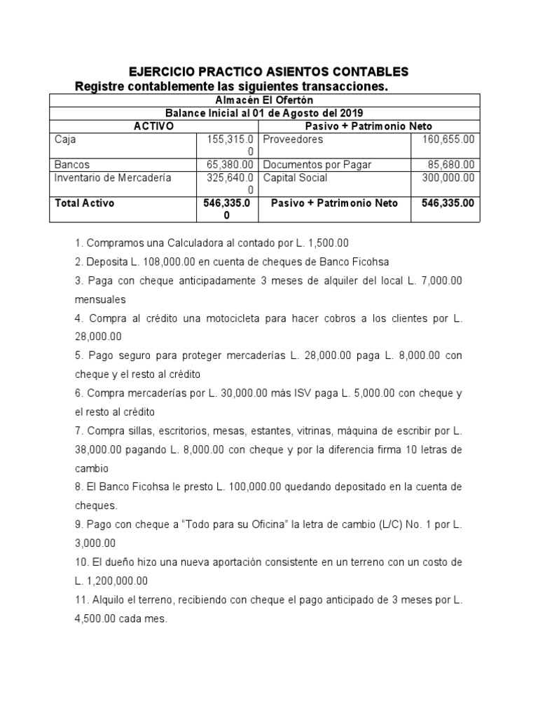 Ejercicio Practico Asientos Contables No. 1 | PDF