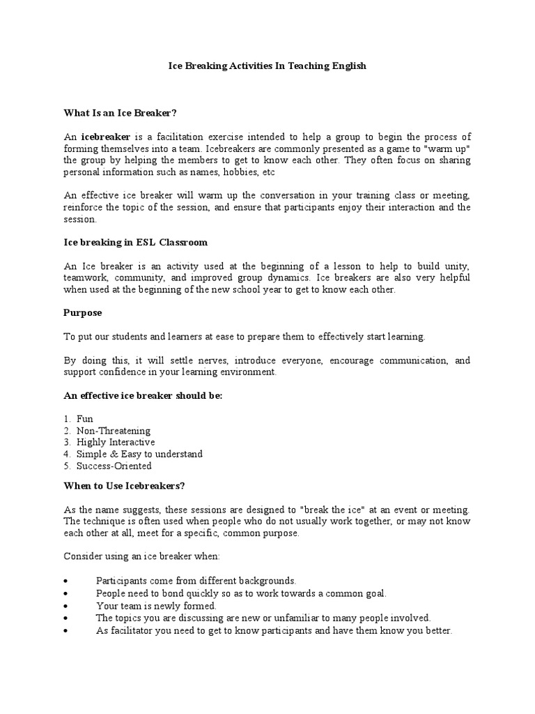 Ice Breaking Activities in Teaching English | PDF | English As A Second ...