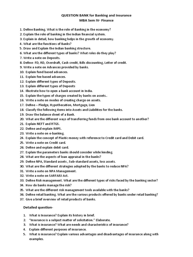 B & I Question Bank | PDF | Banks | Insurance