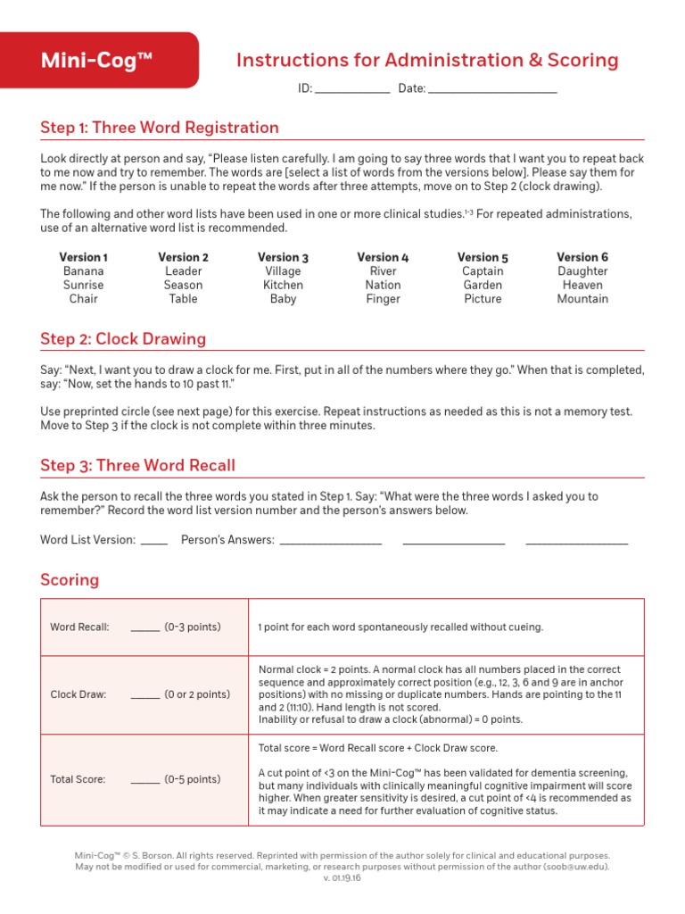 Universal Mini Cog Form 011916 | PDF | Dementia | Cognition