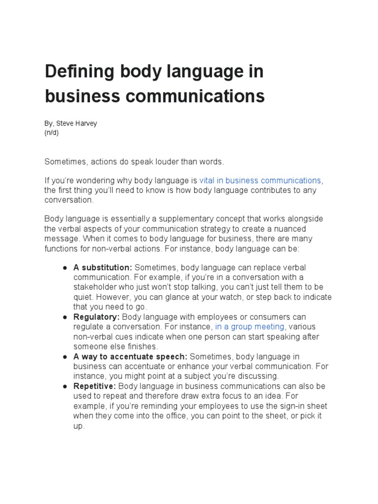 Defining Body Language in Business Communications: By, Steve Harvey (N ...